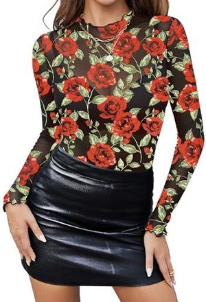 Zeagoo T-shirt en maille transparente sexy pour femme - Pour fête et clubwear - Tailles XS à XXL, Rose/noir, XL