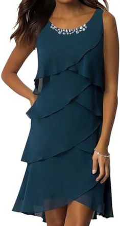 Onsoyours Femmes DÉté Robes À sans Manches Col Rond Décontracté Robes Mi Longue Robe Thermocollantes Robes À Gâteaux Robes en Mousseline A Bleu Foncé XXL