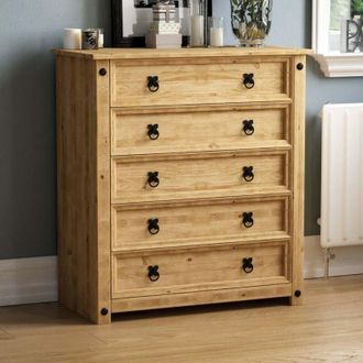 Home Discount Home Discount - Commode rustique 5 tiroirs en pin massif - Dimensions H 90 x L 80 x P 41 cm - Finition cir&eacute;e vieillie pour chambre