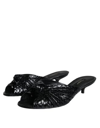 Dolce & Gabbana Womens Black Leather Heels Slides Sandals Shoes Python