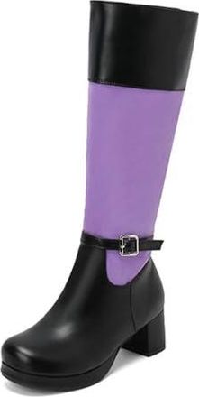 Generic Bottes d&eacute;quitation montantes &agrave; bout rond pour femme avec fermeture &eacute;clair lat&eacute;rale et boucle, talon bloc confortable, violet, 37.5 EU