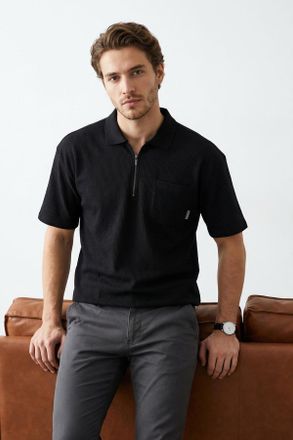 Trendyol MAN Herren Schwarz Einfarbig Kurz Oversize Poloshirts