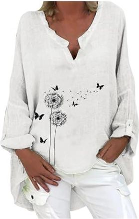 Generic Chemisier Femme Coton Lin Grande Taille en D&eacute;contract&eacute; Chemisiers Et Blouses &Eacute;t&eacute; &Agrave; Manches Longues Col V Amples Hauts L&eacute;ger Respirant Tunic &Agrave; La Mode 