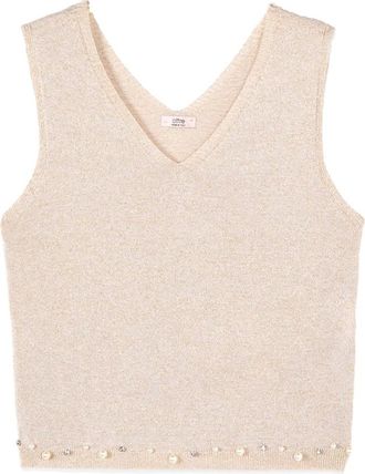 Oltre Femme, Pulls, Jaune, Taille: 46 FR Top en maille lurex avec broderie de bijoux
