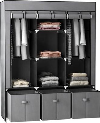 HOMCOM Armoire de Rangement en Tissu penderie Pliable avec 5 &eacute;tag&egrave;res, 2 Barres de Suspension et 3 tiroirs en Tissu - 125L x 43l x 162.5H cm, Gris