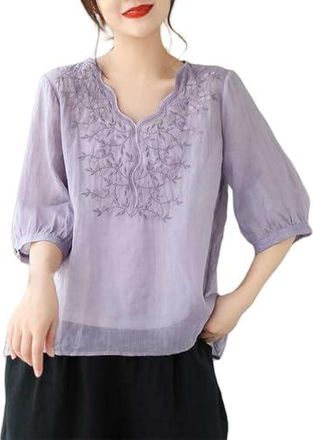 Generic Chemise en lin pour femme - Coupe ample - Col en V - Motif floral brod&eacute; - Chemisier d&eacute;t&eacute; d&eacute;contract&eacute; - V&ecirc;tements de plage et de vacances, violet, XXL