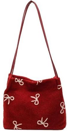 Generic Sac &agrave; main en tissu peluche pour femme - Automne et hiver - Sac fourre-tout pelucheux pour l&eacute;cole, les voyages quotidiens, rouge vin, 250*120*230mm