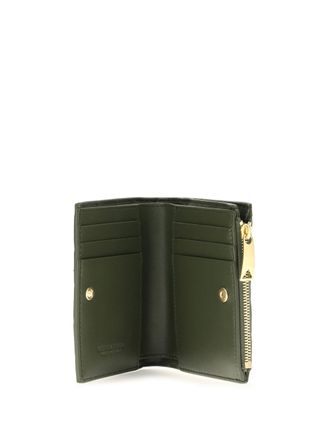 Bottega Veneta Womens Bifold Wallet Intrecciato Green Tweed-Gold Calf Leather & Purses Tweed/gold