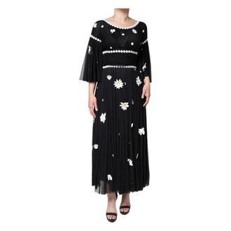 Dolce & Gabbana Femme, Robes, Noir, Taille: 36 FR Robe Longue Maxi Trapèze en Soie à Motif Marguerites