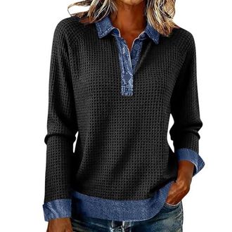 Generic Chemises &agrave; manches longues pour femmes, col &agrave; revers en denim, patchwork, sweat-shirt ample, haut de couleur, tenue pull en jean pour femme, gris fonc