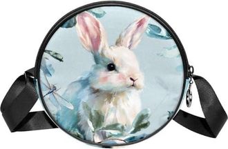 Generic Petit sac &agrave; bandouli&egrave;re rond pour femme, motif lapin, libellules et feuilles, avec fermeture &eacute;clair, bretelles r&eacute;glables, sac &agrave; main rond d&eacute;contract&eacute; 