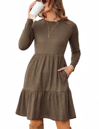 Zeagoo Herbstkleider Damen Casual Rundhals Langarm Kleid Herbst Elegant Knielang A Linie Kleider Einfarbig Dünn Pulloverkleid mit Taschen Braun M