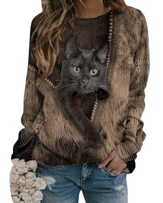 TOMWELL Damen Sweatshirt Winter Tshirt Langarm Top Cartoon 3D Druck Katzen-Muster Langarmshirt Weihnachten Pulli Freizeit Bluse Herbst Shirts Hemd Rundhals Pu