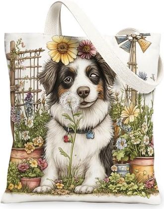 Generic Spring Brittanys Sac fourre-tout en toile r&eacute;utilisable pour faire du shopping, 33 x 38,1 cm, motif chiot de campagne de ferme, sac d&eacute;picerie pour femm