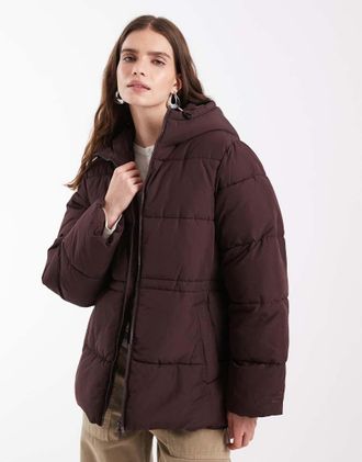 Noisy May Steppjacke mit Kapuze und Taillenzug in Schokobraun
