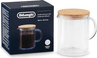 DeLonghi DLSC078 Thermokaraffe aus doppelwandigem Glas, 350ml, mit Bambusdeckel und Silikondichtung, modernes Design, leicht zu reinigen