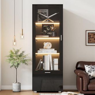 Merax Vitrine noire brillante avec portes en verre, vitrines en verre &eacute;clair&eacute;es par LED, avec 3 &eacute;tag&egrave;res en verre, pour objets de collection, armoires &agrave; par