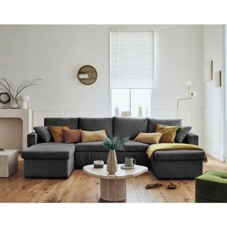 Best Mobilier Cyrus - 7-sitzer wohnlandschaft u-form - schlaffunktion und bettkasten - - aus cordstoff - dunkelgrau