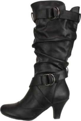 Generic Bottes Femme Mi-Mollet Style Slouchy Bout Rond Talons Kitten avec Boucle Tige PU Durable Confortables Enfilables Décontracté Quotidien Soirée Chaussur