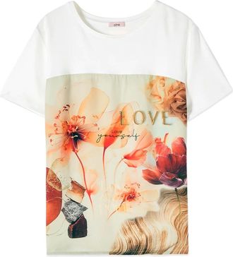 Oltre Femme, Tops, Blanc, Taille: 42 FR T-shirt avec empi&egrave;cement en satin imprim&eacute;
