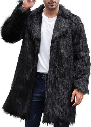 Generic Manteau dhiver chaud en fausse fourrure pour homme, manteau long, &eacute;pais et moelleux, col retourn&eacute;, v&ecirc;tements dext&eacute;rieur &agrave; manches longues, trench ther