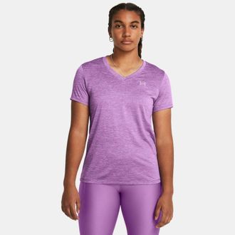 Under Armour Tech Twist Kurzarm-Oberteil mit V-Ausschnitt f&uuml;r Damen Violett Luxe / Wei&szlig; XXL