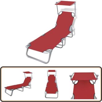 vidaXL Vidaxl - Chaise longue pliable avec auvent acier et tissu rouge - Chaise Longue Pliante - Chaise Longue Jardin - Transat - Parasol Intégré - Dossier