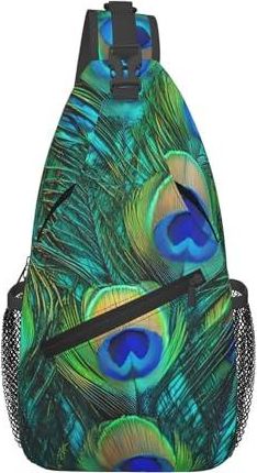 Generic Sacoche Bandouliere Plumes de paon ethniques Mode Sac De Poitrine Polyester Sac &agrave; Dos Militaire pour Homme Femme Voyage