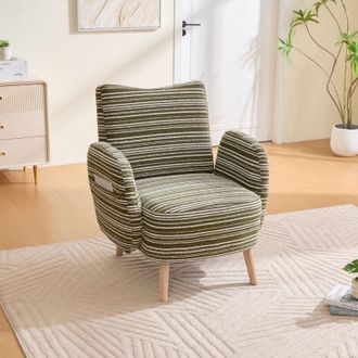 STILVORA Fauteuil de Lecture avec Poche Lat&eacute;rale, Confort Ergonomique, Pieds en Bois Massif en Boucl&eacute; Vert Olive