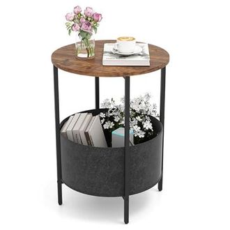 Giantex Table dAppoint Ronde &agrave; 2 Niveaux, Bout de Canap&eacute; avec Panier de Rangement en Tissu, Cadre en M&eacute;tal, Table dAppoint Basse, Table de Chevet, pour Salon,