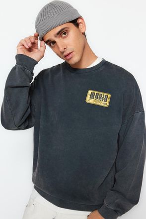 Trendyol MAN Herren Grau Slogan Lang Oversize Sweatshirts