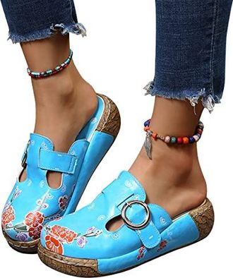 Onsoyours Sabots Femme Mules Confortable et Respirant Pied Large Sandales dEté en Cuir Antidérapant Pantoufles à Talon Plat Chaussures Jardin Plage A Bleu 39 EU