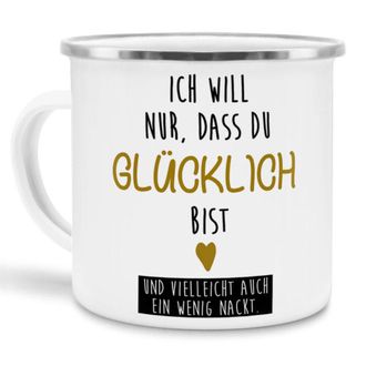Tassendruck Liebes-Emaille mit Spruch Ich Will nur, DASS du gl&uuml;cklich bist - Schatz/P&auml;rchen/Love/Gl&uuml;ck/Emaille klein Silber