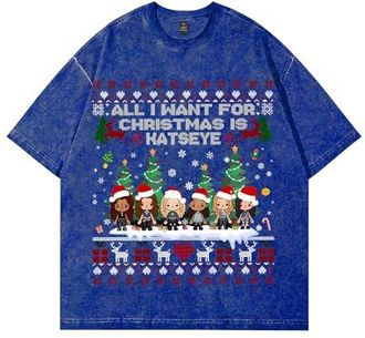 Generic All I Want for Christmas is KATSEYE T-shirt vintage délavé - T-shirt unisexe à manches courtes en coton - Eyekons, bleu, 3XL
