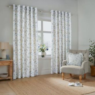 furn. Wylder Meadow &Ouml;senvorhang Paar - 100% Baumwolle, gef&uuml;tterte Vorh&auml;nge mit l&auml;ndlichem Blumenmuster (Wei&szlig;/Kornblumenblau - 229x183cm)