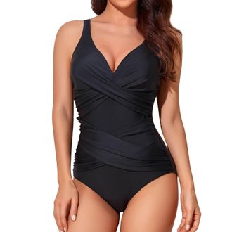 Generic Einteiliger Badeanzug Damen Bauchweg Neckholder Badeanzug Damen V-Ausschnitt High Waist Bikini Damen Push Up Sexy Rückenfrei Plissee Bademode Monokini