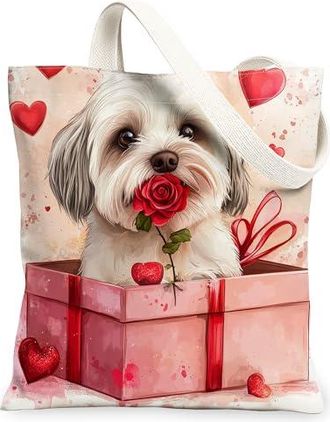 Generic Sac fourre-tout en toile motif chien havanais pour le shopping 33 x 38 cm, cadeau amusant pour la Saint-Valentin, sac d&eacute;picerie r&eacute;utilisable pour femm