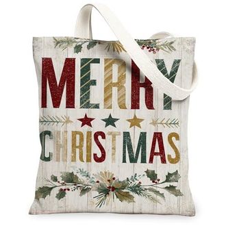 Generic Sacs fourre-tout en toile Merry Holiday, motif feuille festive, sacs réutilisables, rustiques, légers et lavables avec bandoulière, blanc, 13x15 Inch