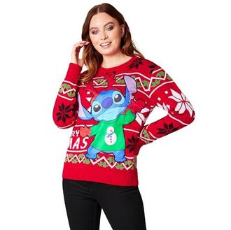 Disney Stitch Pull de Noel Femme, Pull Hiver, Sweat Drole pour Adulte et Ado - Cadeau No&euml;l (Rouge Stitch, XL)