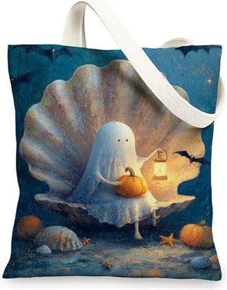 Generic Sacs fourre-tout en toile de coquillage fantôme, motif citrouille, sacs dépicerie réutilisables, fantaisie, légers et lavables avec bandoulière pour, 