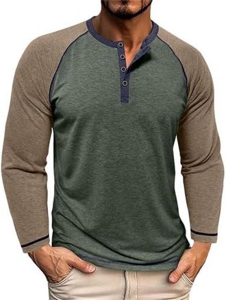 Generic DENGJIAMY Henley T-shirt à manches longues tendance vintage avec boutons et col en V pour homme, Z31 Vert, XL