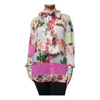 Dolce & Gabbana Blumiges Patchwork Ascot Kragen Seiden Top - - Blouses & Shirts - Damen - Mehrfarbig - XS