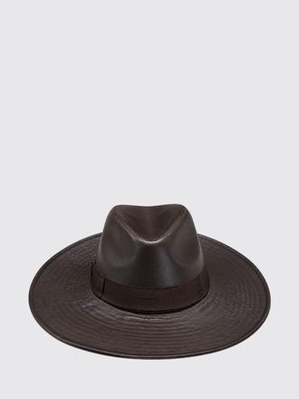 Borsalino Chapeau Panama en cuir &agrave; larges bords avec logo appliqu&eacute;