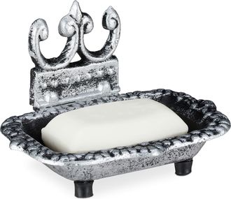 Relaxdays Seifenschale, antikes Design, eckiger Seifenhalter aus Gusseisen, nostalgisch, Seifenablage mit Ablauf, silber, 1 Stück