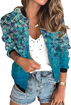 Minetom Veste Femme Motard Blouson Printemps Été Léger Bomber Blouson Outwear Zippé Imprimé Floral Court Jacket B Bleu XXL