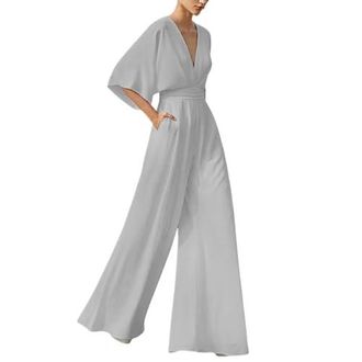 Generic Combinaison habill&eacute;e &agrave; manches pour femme - Col en V - Combinaison d&eacute;t&eacute; &eacute;l&eacute;gante - Jambe large - Manches 3/4 - Grenouill&egrave;re &agrave; jambes droites, gris, XX