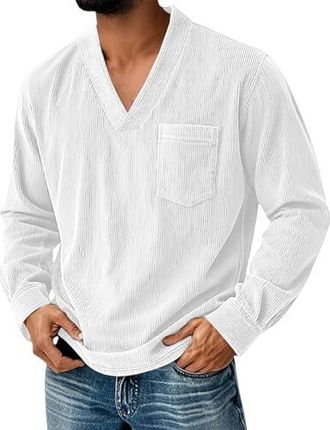 Generic T-shirts &agrave; manches longues en velours c&ocirc;tel&eacute; pour homme - Couleur unie - Haut d&eacute;t&eacute; tendance - Col en V - Coupe ample - Confortable - Respirant - V&ecirc;tem