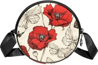 Generic Sac &agrave; bandouli&egrave;re rond pour femme, motif coquelicot, petit sac &agrave; bandouli&egrave;re avec fermeture &eacute;clair, bretelles r&eacute;glables, sac &agrave; main rond d&eacute;contract&eacute; p