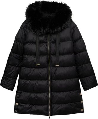 Oltre Femme, Manteaux, Noir, Taille: 48 FR Doudoune midi &agrave; capuche et bordure en fourrure