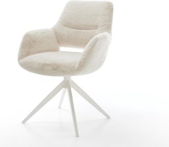 DELIFE Drehstuhl Yago-Flex mit Armlehnen Pl&uuml;sch Creme-Wei&szlig; Kreuzgestell breit Wei&szlig; 360&deg; drehbar Wippfunktion Taschenfederkern, Esszimmerst&uuml;hle